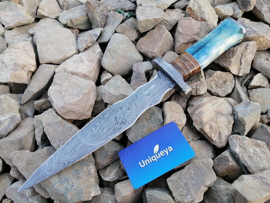 Custom Handmade Damascus Steel Dagger Knife & Leather Cover - Etsy