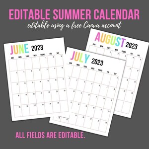 Printable Editable SUMMER Calendar June July August Summer Routine ...