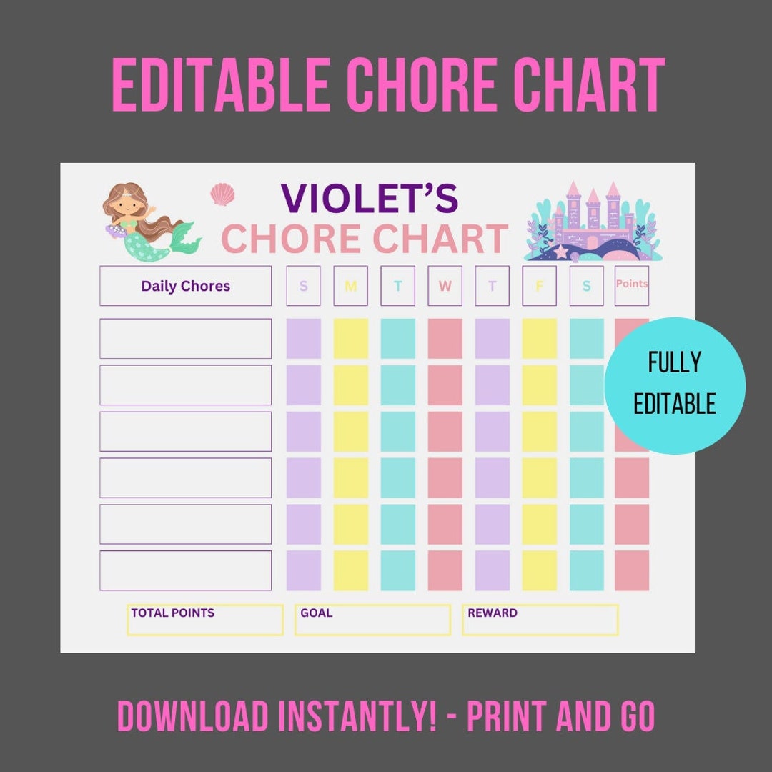Editable Chore Chart | Printable Mermaid Chore Chart for Girls ...
