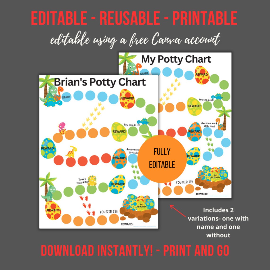Editable Potty Chart | Printable Dinosaur Potty Chart for Boys | Potty ...