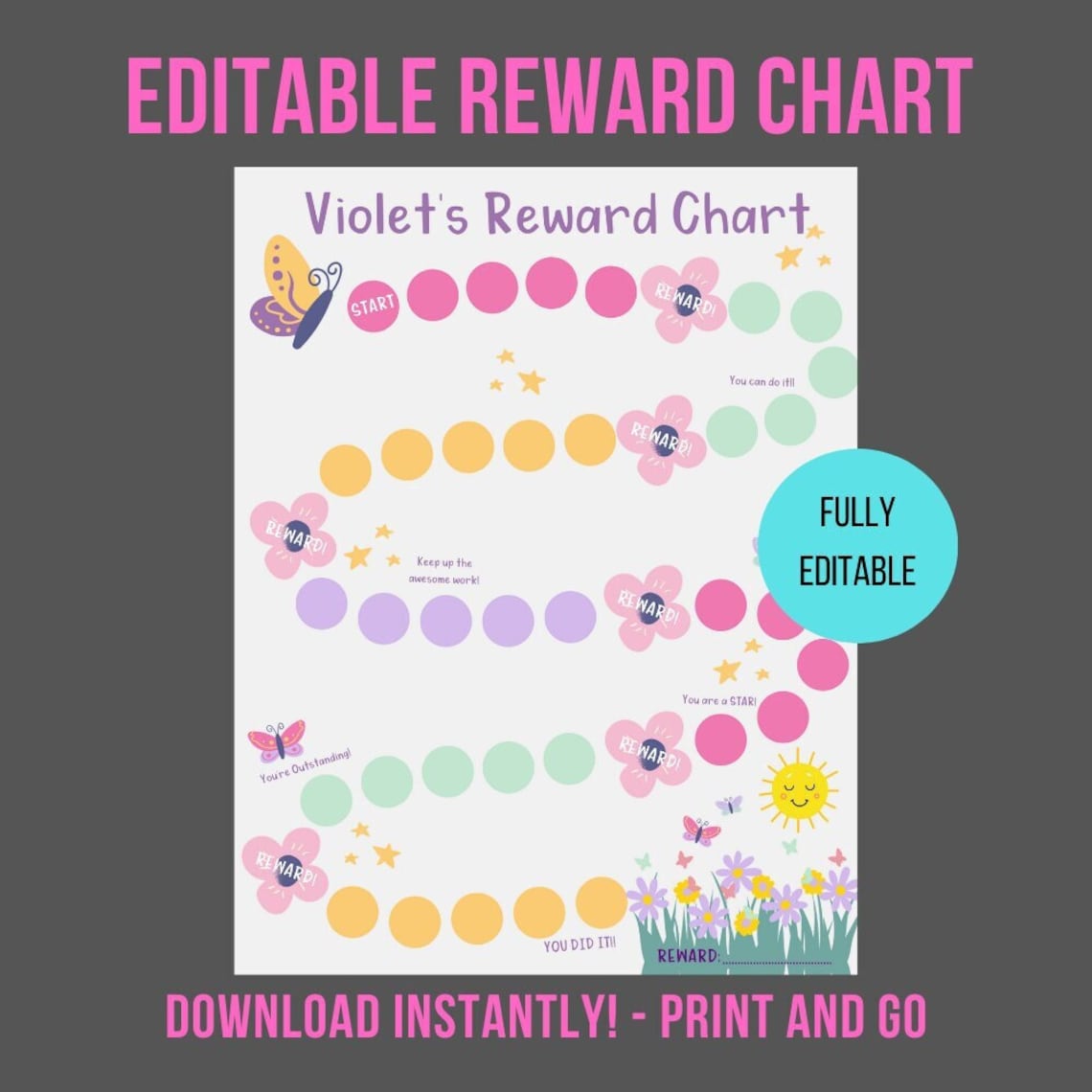 Butterfly Reward Chart for Girls | Editable Printable (digital Download ...