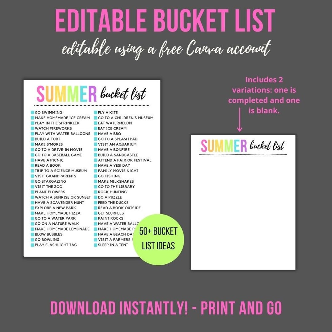 Printable Editable SUMMER Bucket List for Kids | Kids Bucket List ...