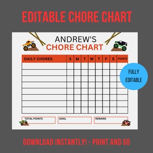 Editable Chore Chart, Printable Monster Truck Chore Chart Boys, Chore ...