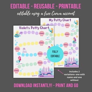Editable Potty Chart | Printable Mermaid Potty Chart for Girls | Potty ...