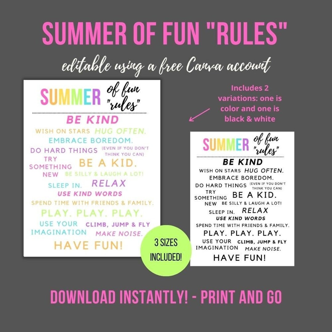 Printable Editable SUMMER Fun Rules for Kids Summer Rules Summer Fun ...