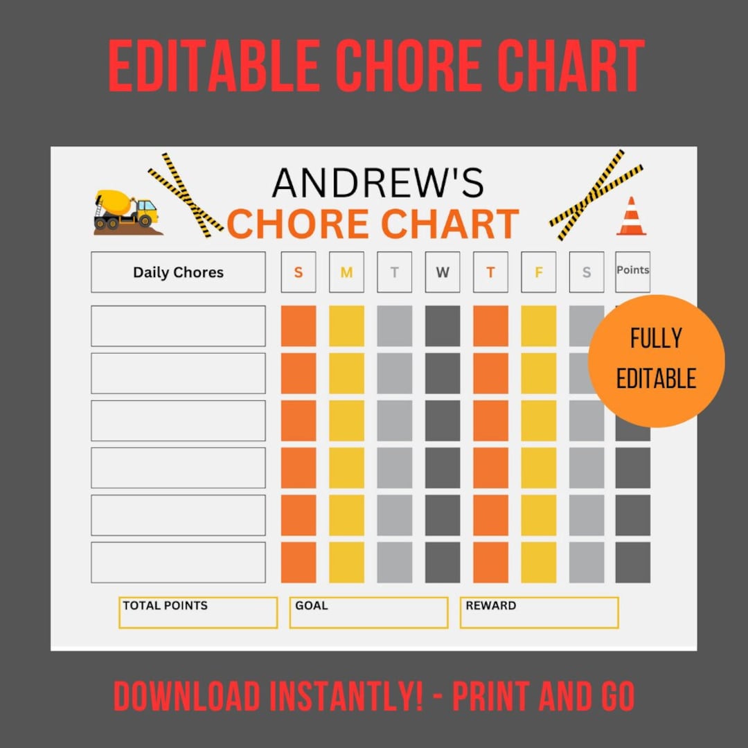 Editable Chore Chart | Printable Construction Chore Chart for Boys ...