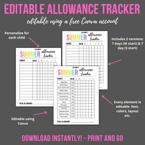 Printable Editable SUMMER Allowance Tracker | Reward Chart | Screen ...