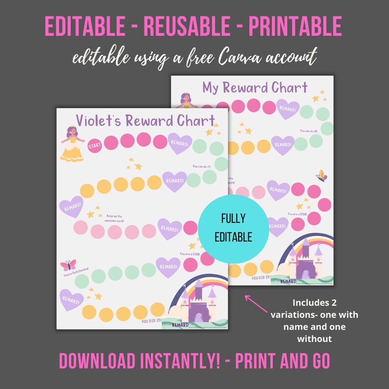 Editable Princess Reward Chart for Girls (printable Download) - Etsy