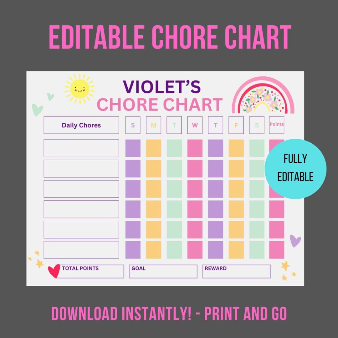 Editable Chore Chart | Printable Rainbows Hearts Chore Chart for Girls ...