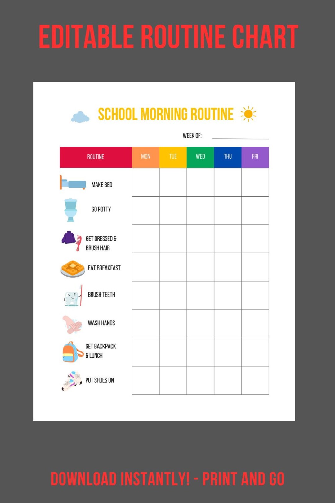 Fun & Functional EDITABLE Digital Kids School Routine Chart | Morning ...