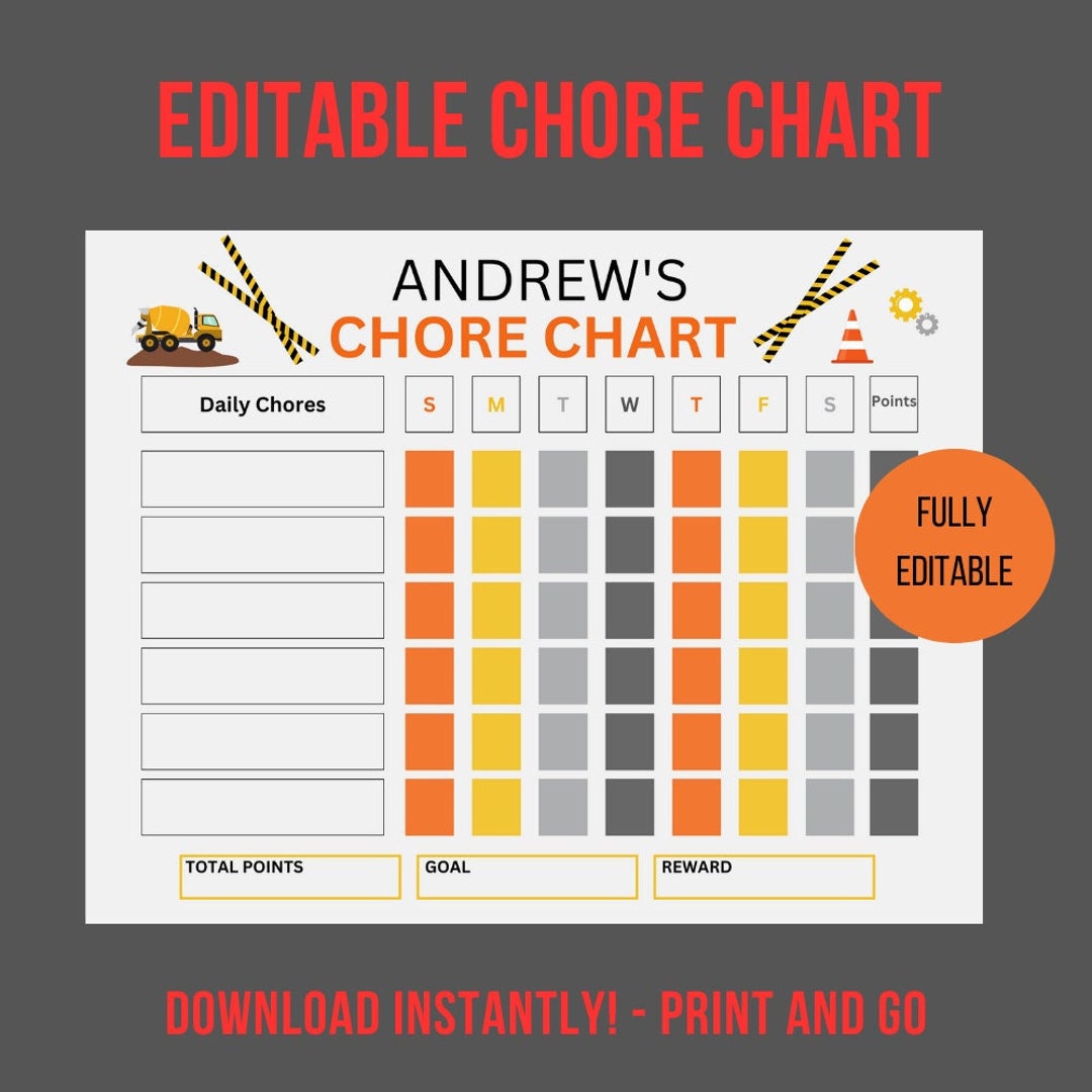 Editable Chore Chart Printable Construction Chore Chart for - Etsy