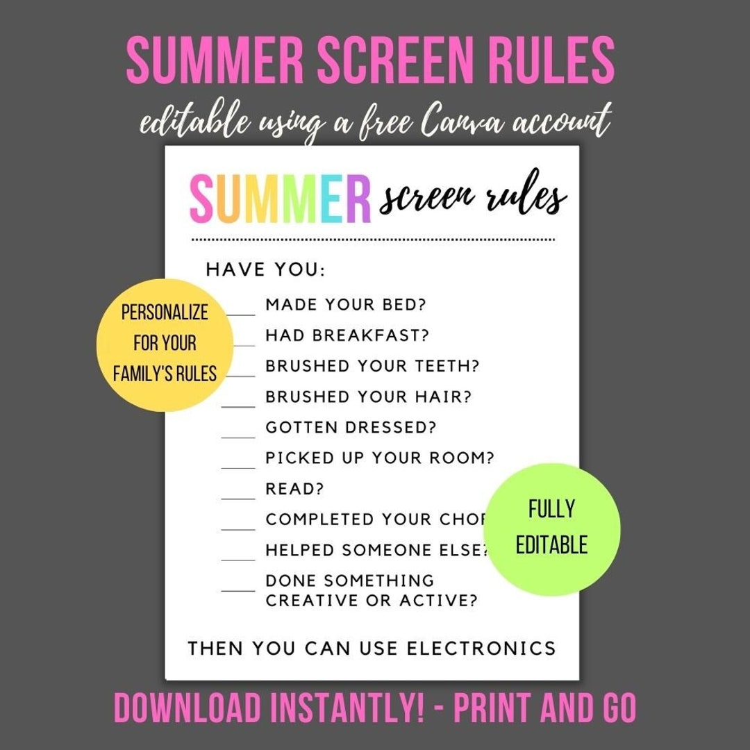 Printable Editable SUMMER Screen Time Rules for Kids Screen Time Rules ...