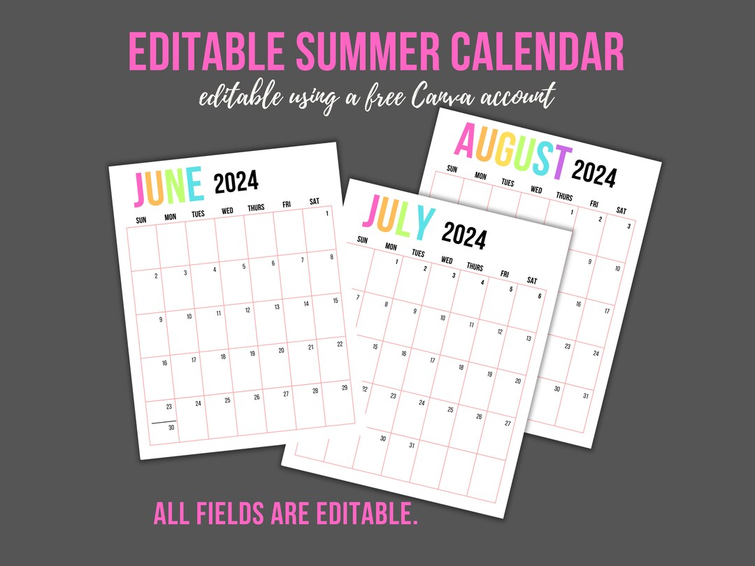 Printable Editable SUMMER Calendar | June July August | Summer Routine ...