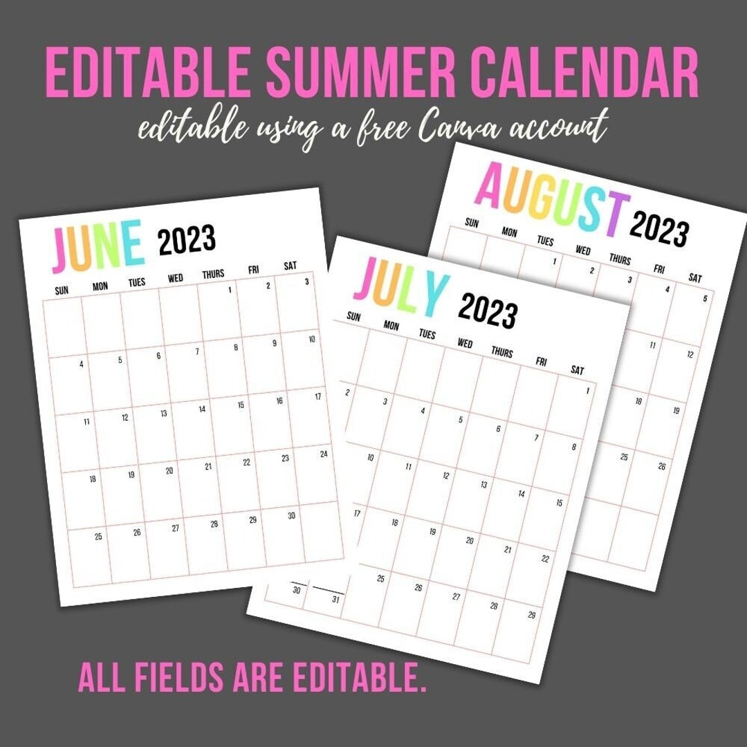 Printable Editable SUMMER Calendar June July August Summer Routine ...