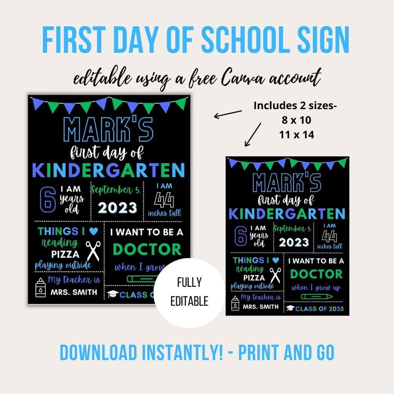 EDITABLE First Day of School Printable Sign | Back to School | School ...