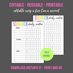 Printable Editable SUMMER Daily Routine Checklist for Kids | Chore ...