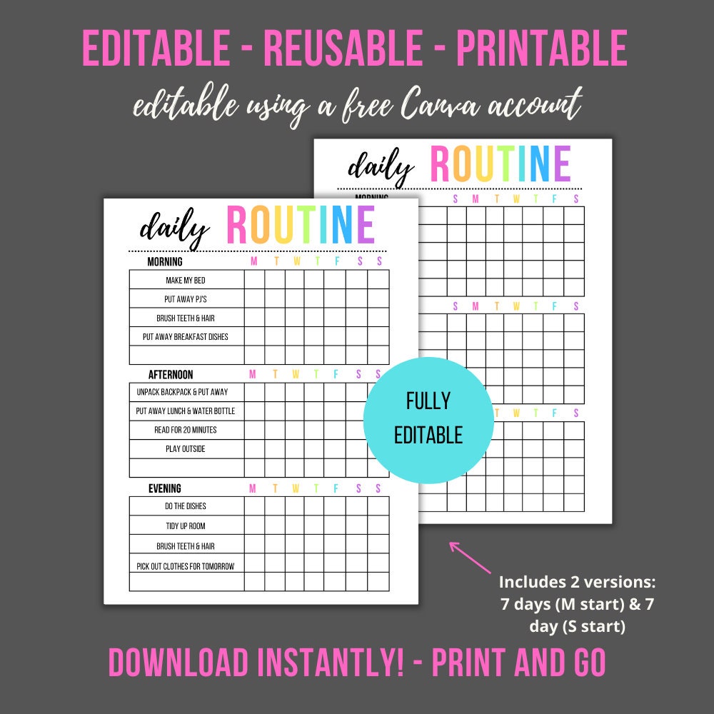 Editable Kids Daily Routine Chart | Printable Checklist (instant ...