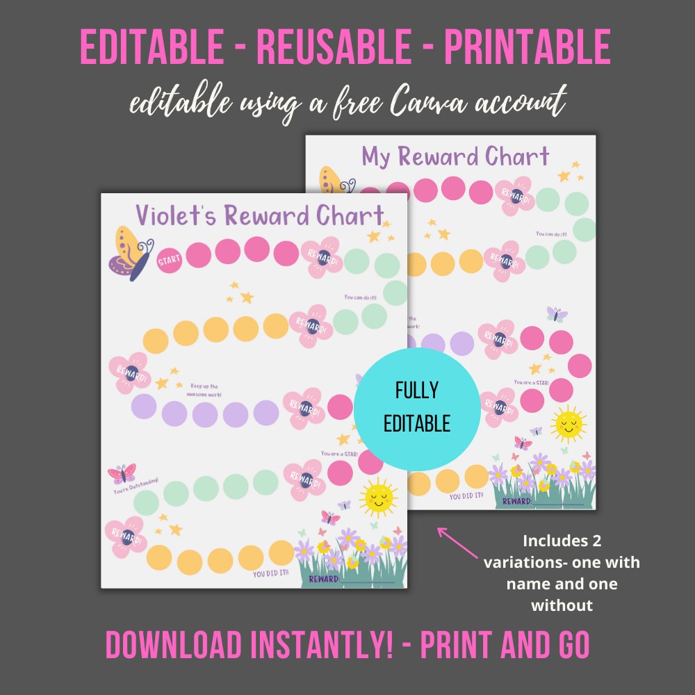 Butterfly Reward Chart for Girls | Editable Printable (digital Download ...