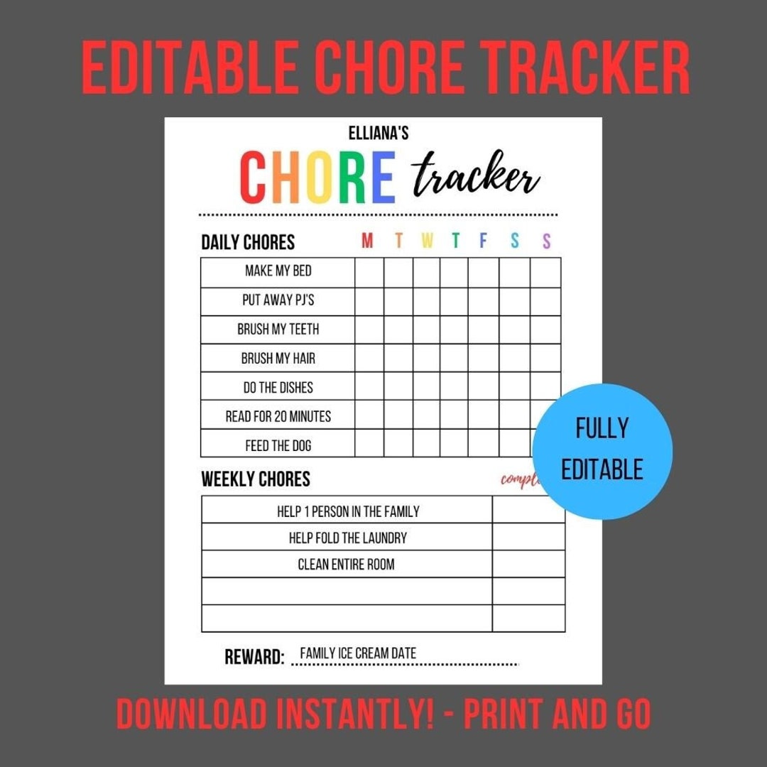 Printable Editable Daily & Weekly Kids Chore Responsibility Chart ...