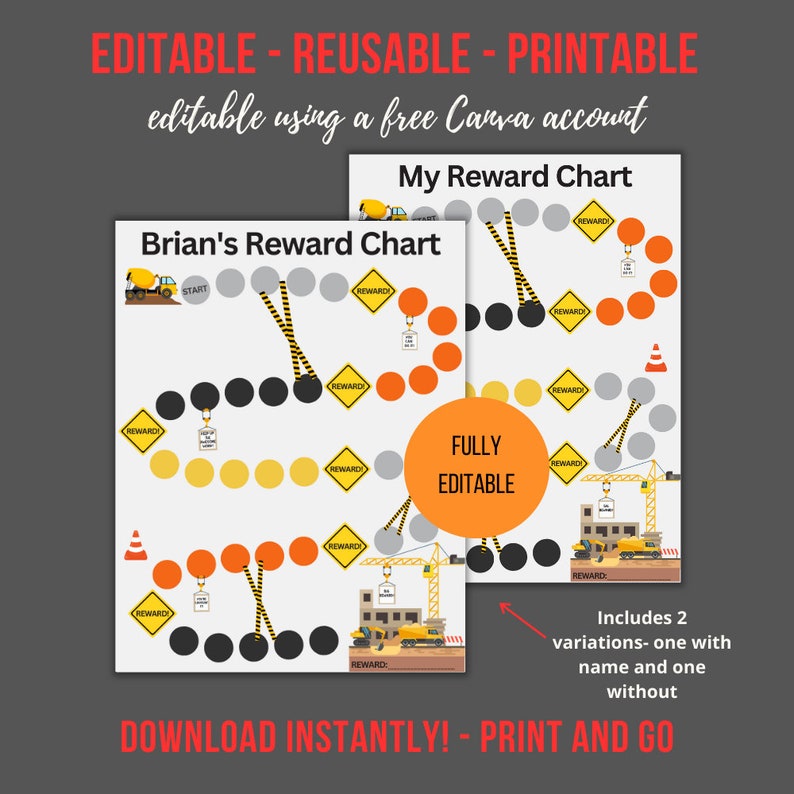 Construction Reward Chart | Editable Printable Sticker Chart (digital ...