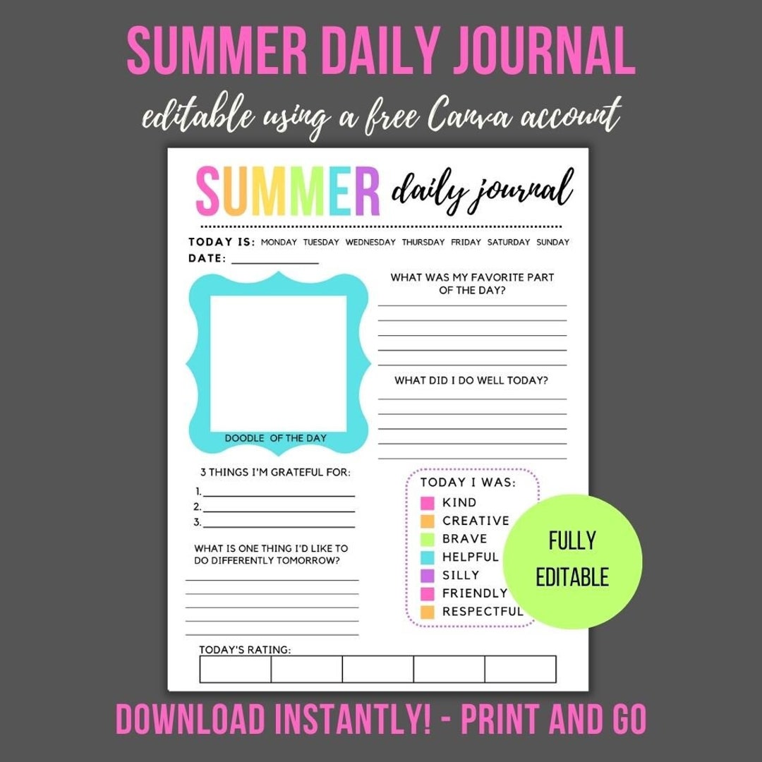 Printable Editable SUMMER Daily Journal | Editable Daily Journal for ...