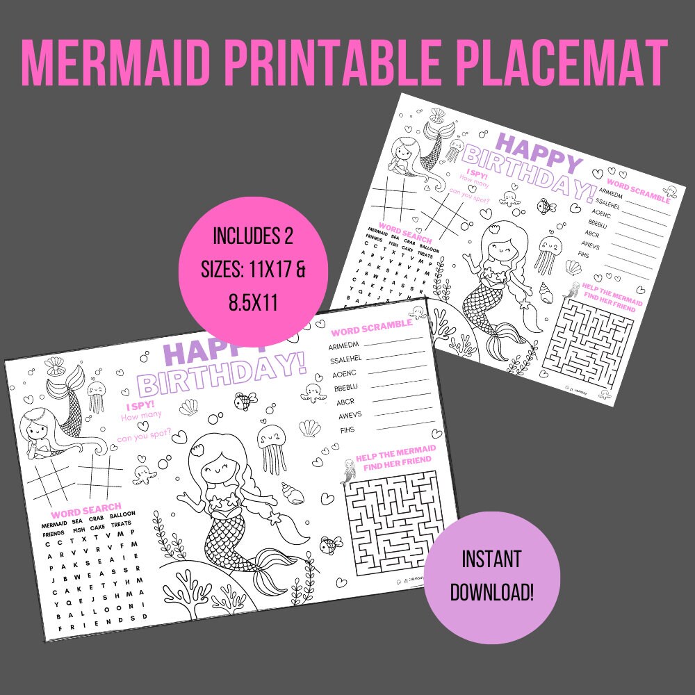 Mermaid Birthday Coloring Sheet or Placemat | Printable Under the Sea ...