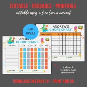 Editable Chore Chart | Printable Dinosaur Chore Chart for Boys ...