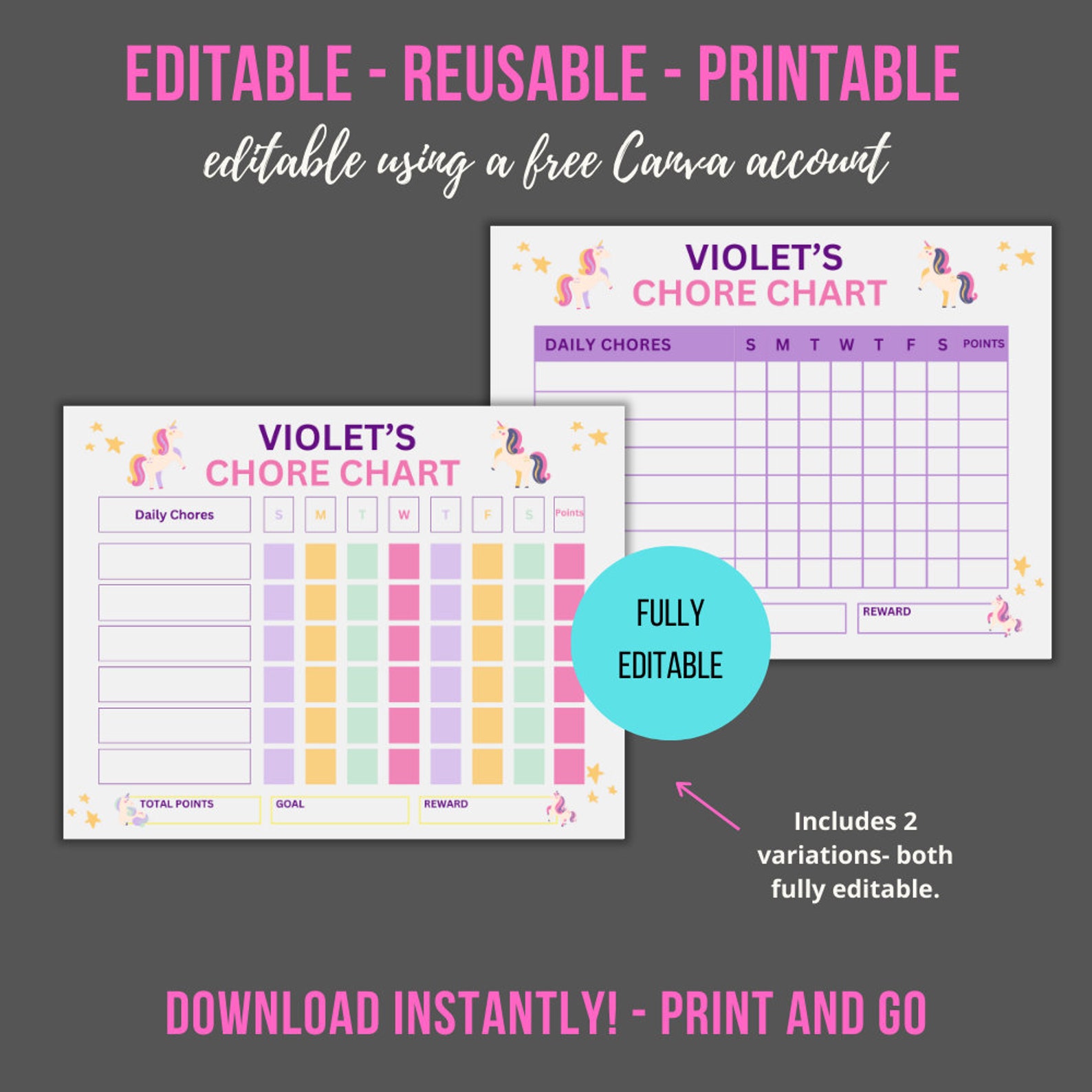 Editable Chore Chart Printable Unicorn Chore Chart for Girls Routine ...