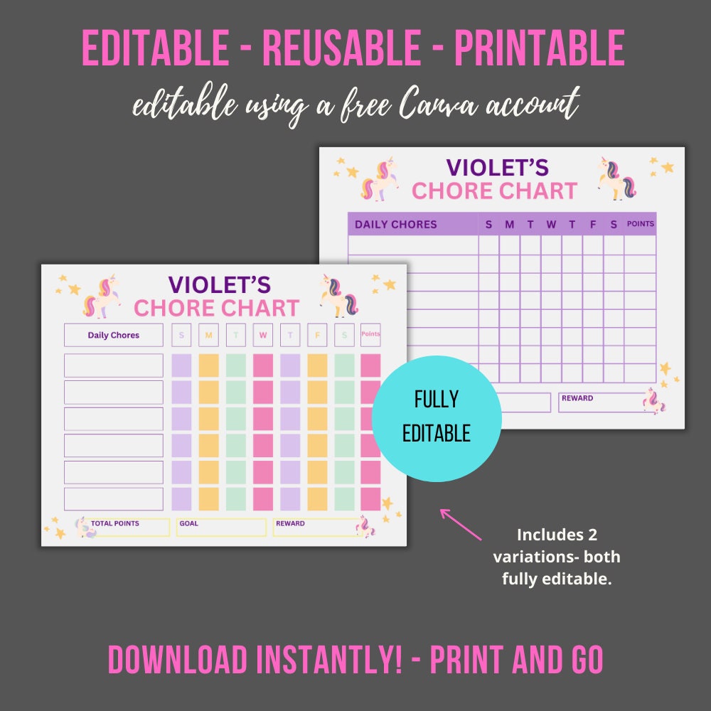 Printable Unicorn Chore Chart for Girls | Editable Reward Tracker ...