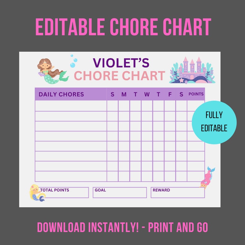 Editable Chore Chart | Printable Mermaid Chore Chart for Girls ...