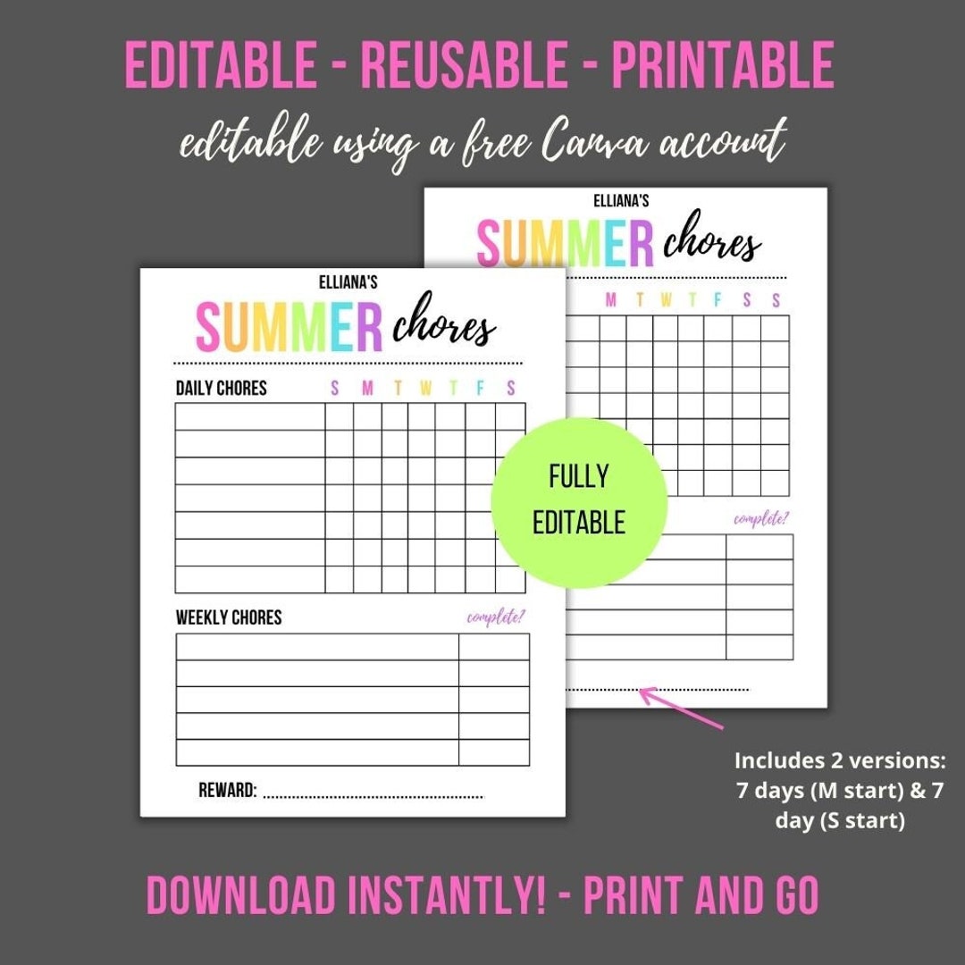 Printable Editable SUMMER Daily Routine Checklist for Kids | Chore ...