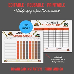 Editable Chore Chart, Printable Monster Truck Chore Chart Boys, Chore ...