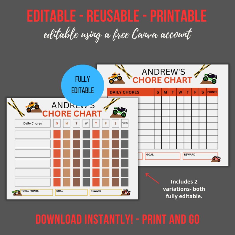 Editable Chore Chart, Printable Monster Truck Chore Chart Boys, Chore ...