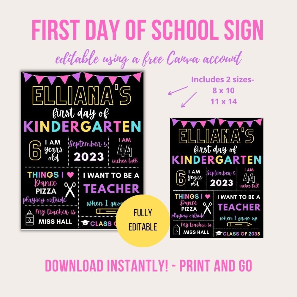 Editable First Day of School Sign | Pink Rainbow Photo Prop (digital ...