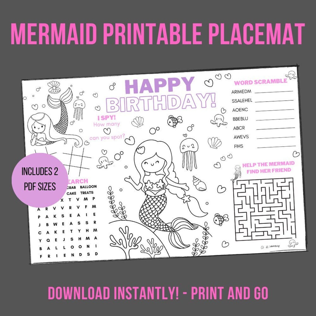 Mermaid Birthday Coloring Sheet or Placemat | Printable Under the Sea ...