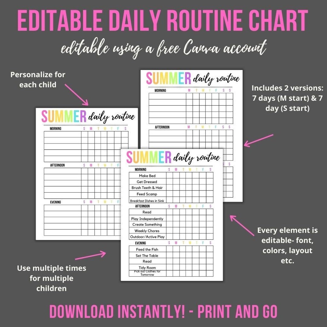 Printable Editable SUMMER Daily Routine Checklist for Kids | Chore ...