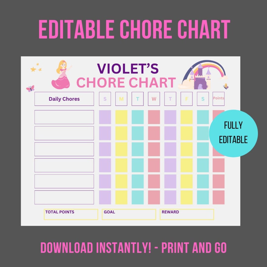 Editable Chore Chart | Printable Princess Chore Chart for Girls ...