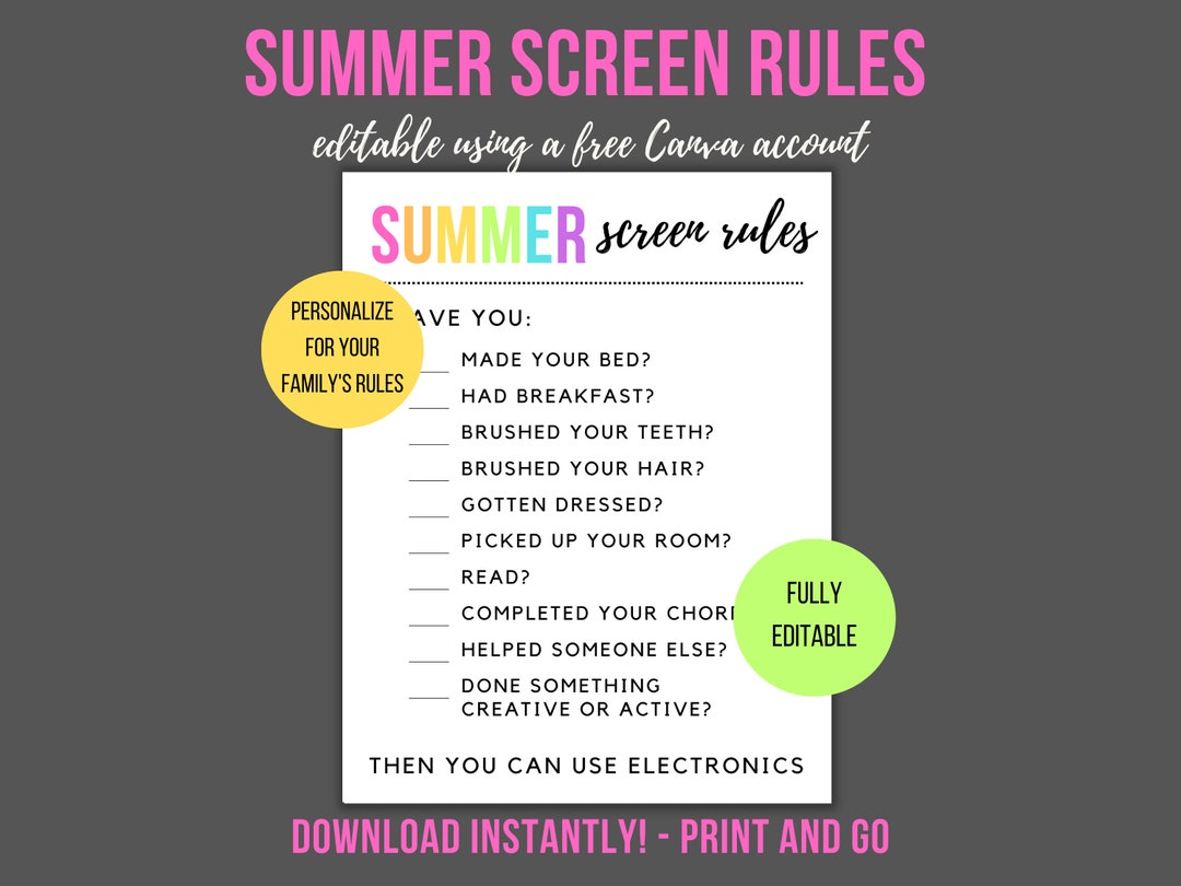Printable Editable SUMMER Screen Time Rules for Kids | Screen Time ...