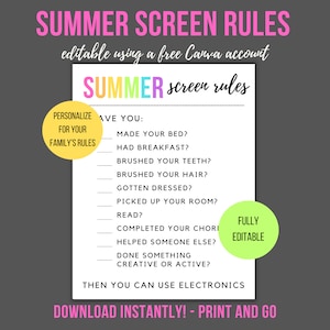 Printable Editable SUMMER Screen Time Rules for Kids | Screen Time ...
