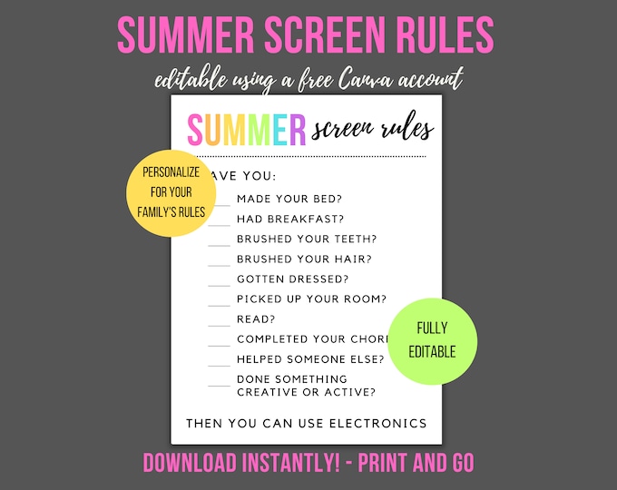 Printable Editable SUMMER Screen Time Rules for Kids | Screen Time ...