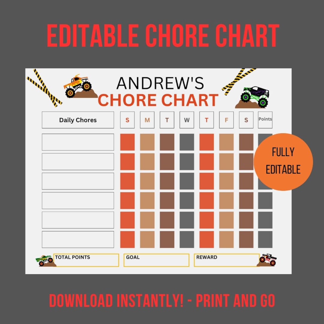 Editable Chore Chart, Printable Monster Truck Chore Chart Boys, Chore ...