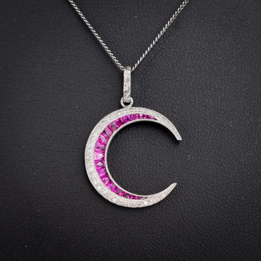 Antique Style Diamond and Ruby Crescent Moon Platinum Pendant - Etsy