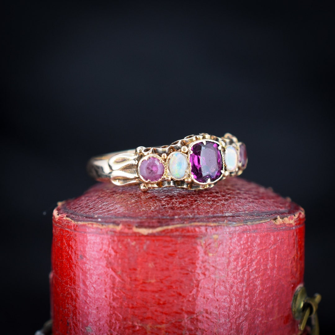 Antique Victorian Almandine Garnet and Opal 15ct Yellow Gold Scroll ...