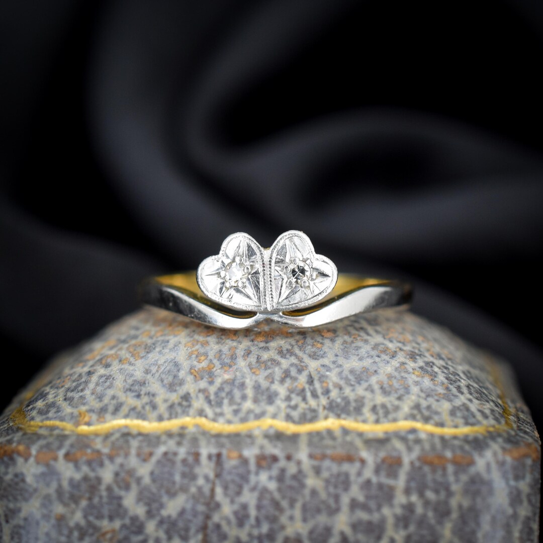 Antique Diamond Double Heart 18ct Gold and Platinum Ring - Etsy