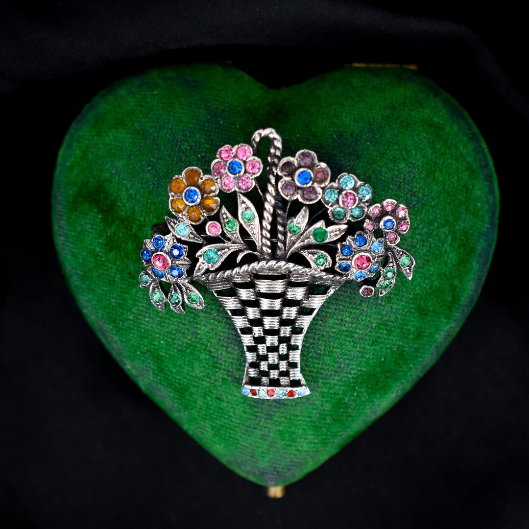 Antique Colourful Paste Sterling Silver Flower Basket Brooch Pin ...
