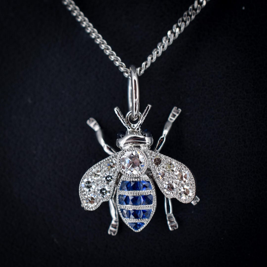 Blue Sapphire and Diamond Platinum Insect Bee Pendant | 0.25ct Diamond ...