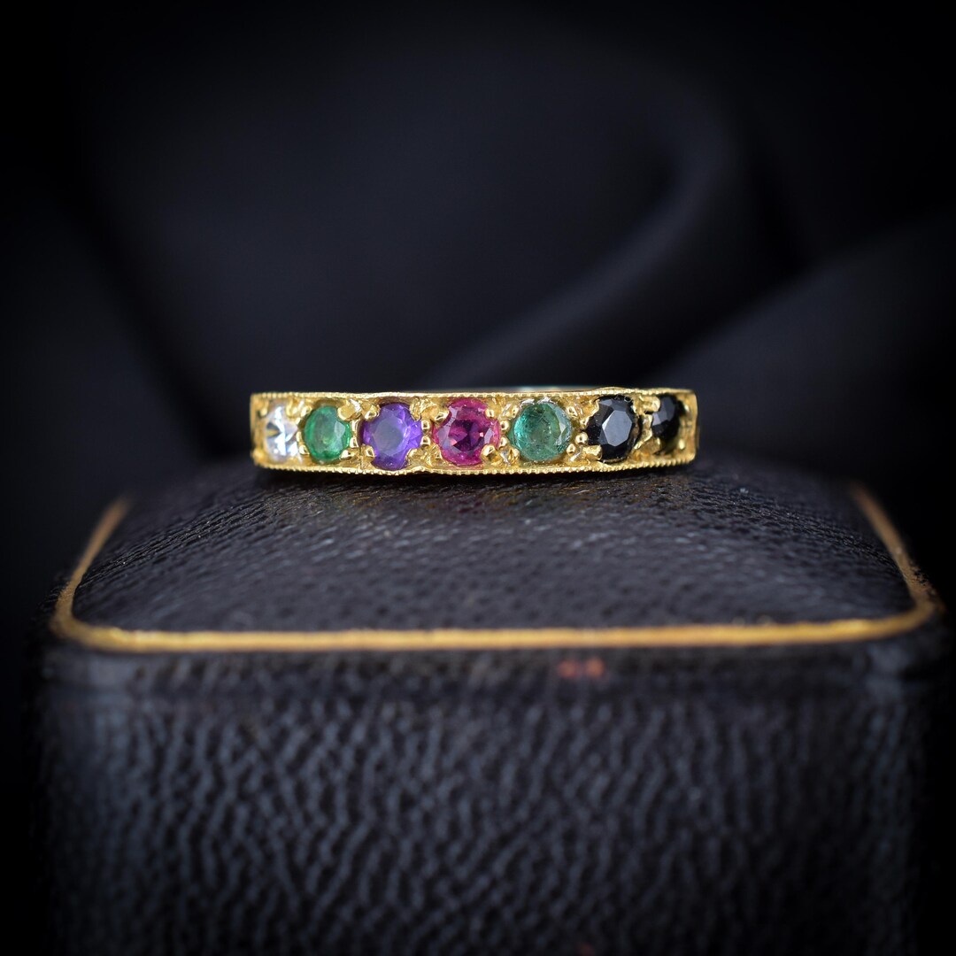 DEAREST Acrostic Multi Gemstone Gold on Silver Ring Band | Antique ...