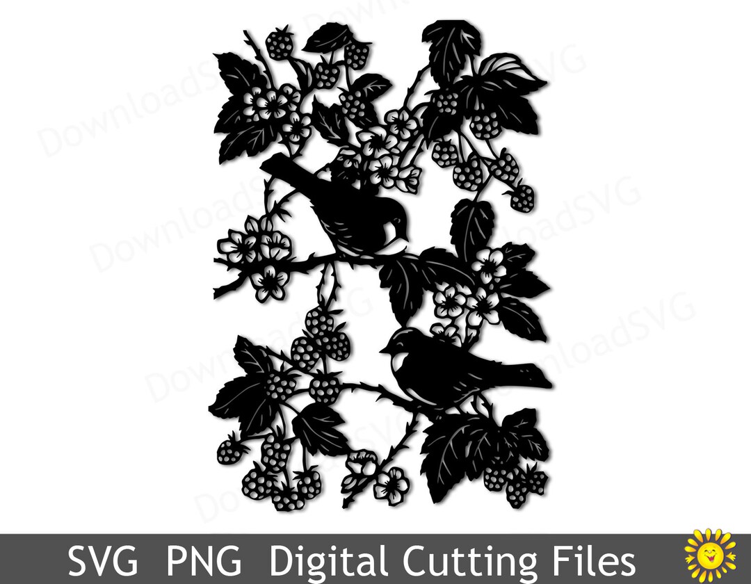 SVG PNG Cutting File Birds on Raspberry Bushes Printable Cricut ...