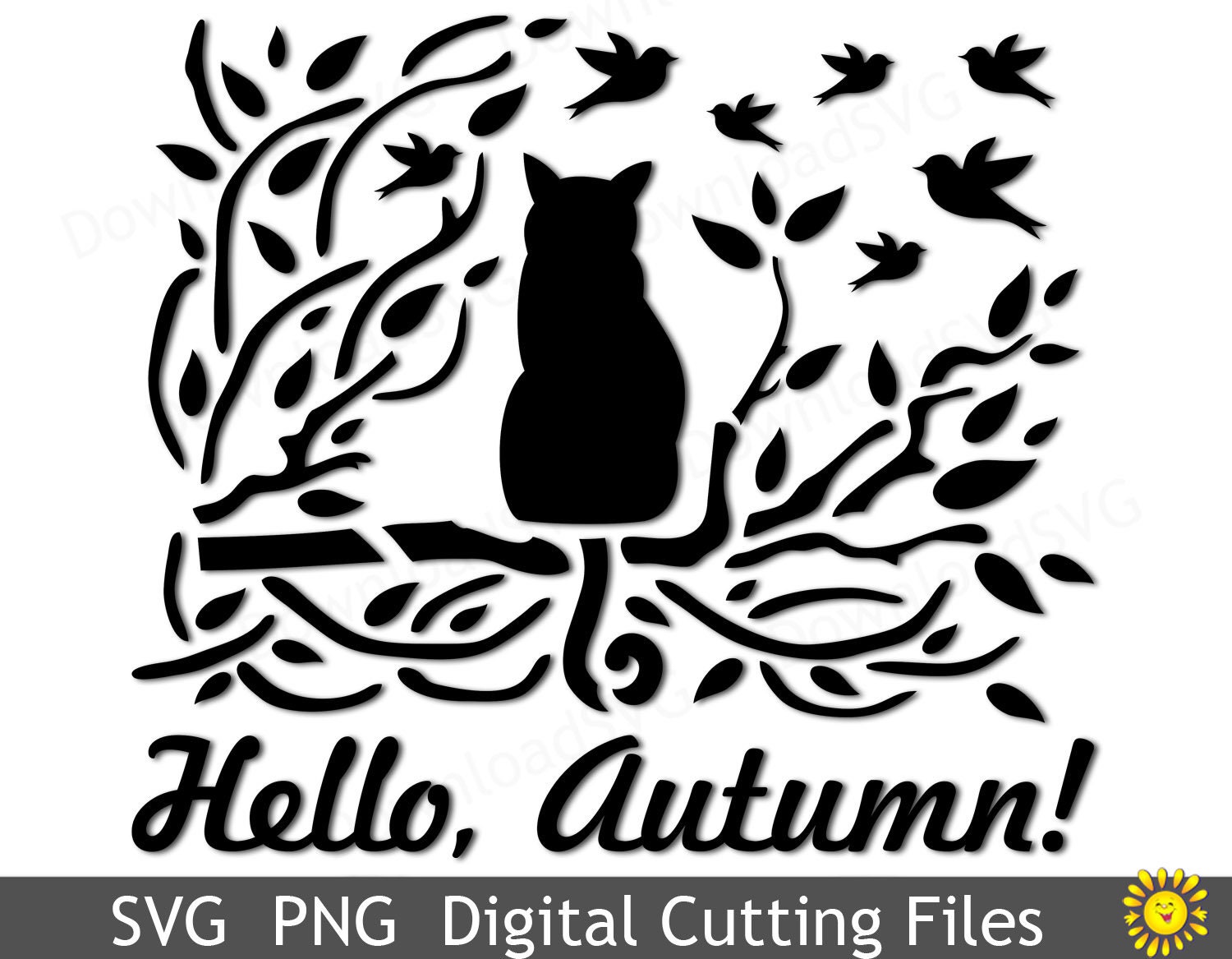 SVG Cutting File Template Hello Autumn Cat on the Tree Cricut | Etsy
