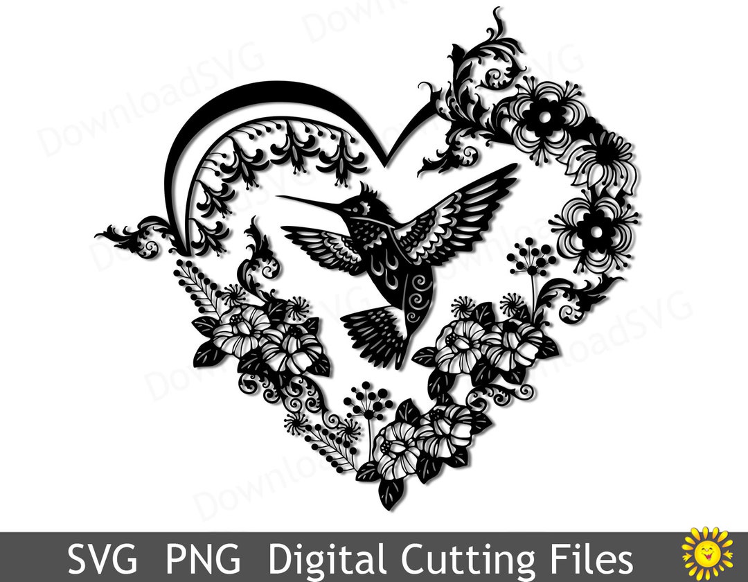 Hummingbird Heart SVG, Floral Decal, Cricut & Silhouette (digital File ...